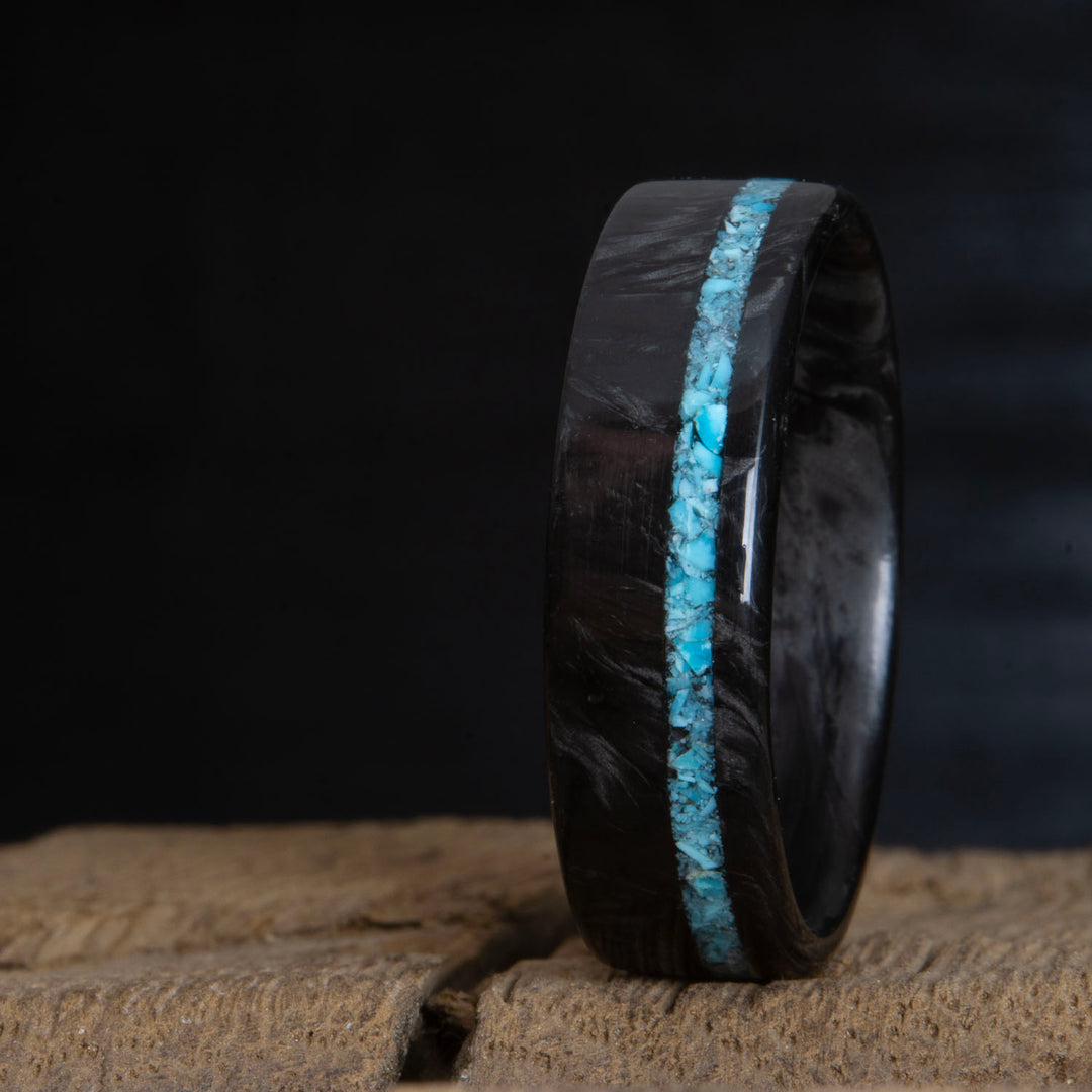 Forged carbon fiber ring with turquoise – Peacefield Titanium