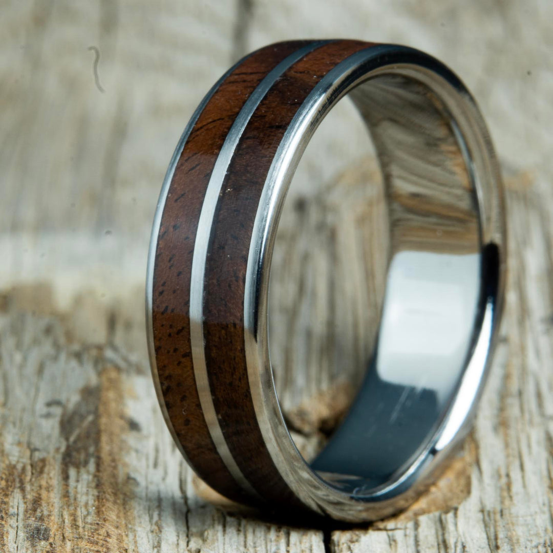 Double barrel Walnut wood ring – Peacefield Titanium