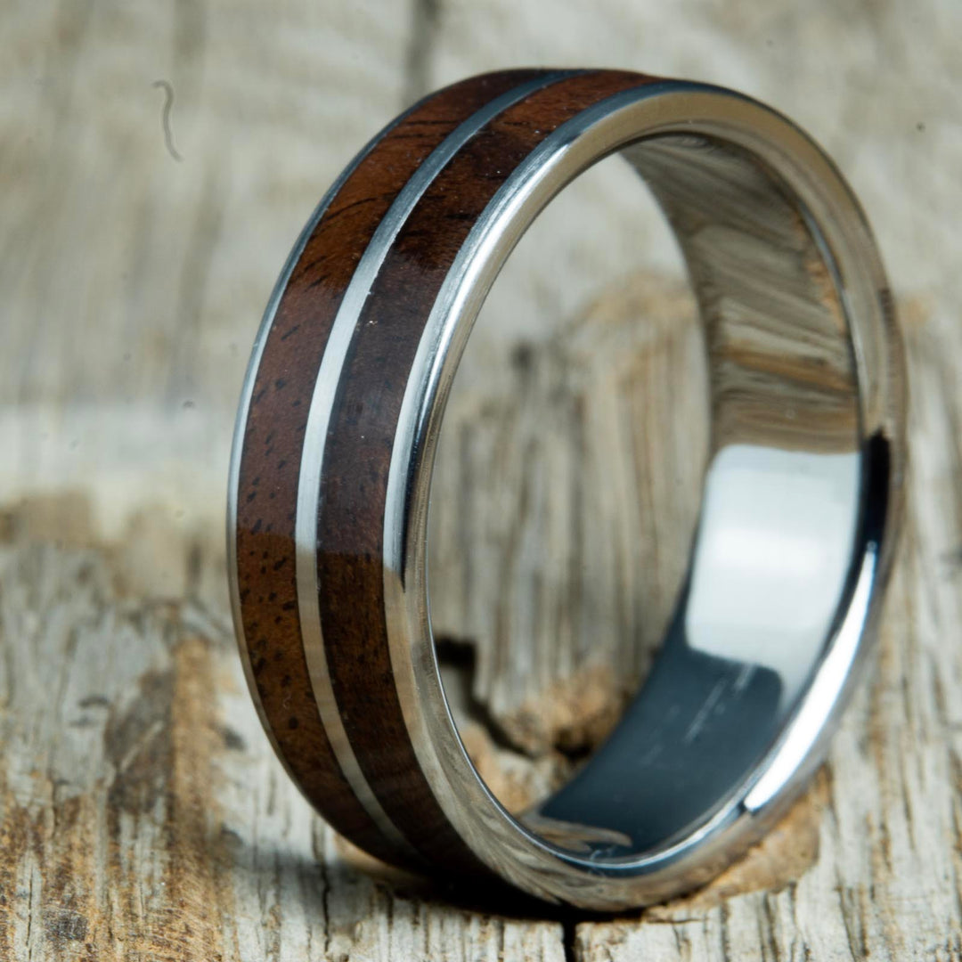 Double barrel Walnut wood ring – Peacefield Titanium