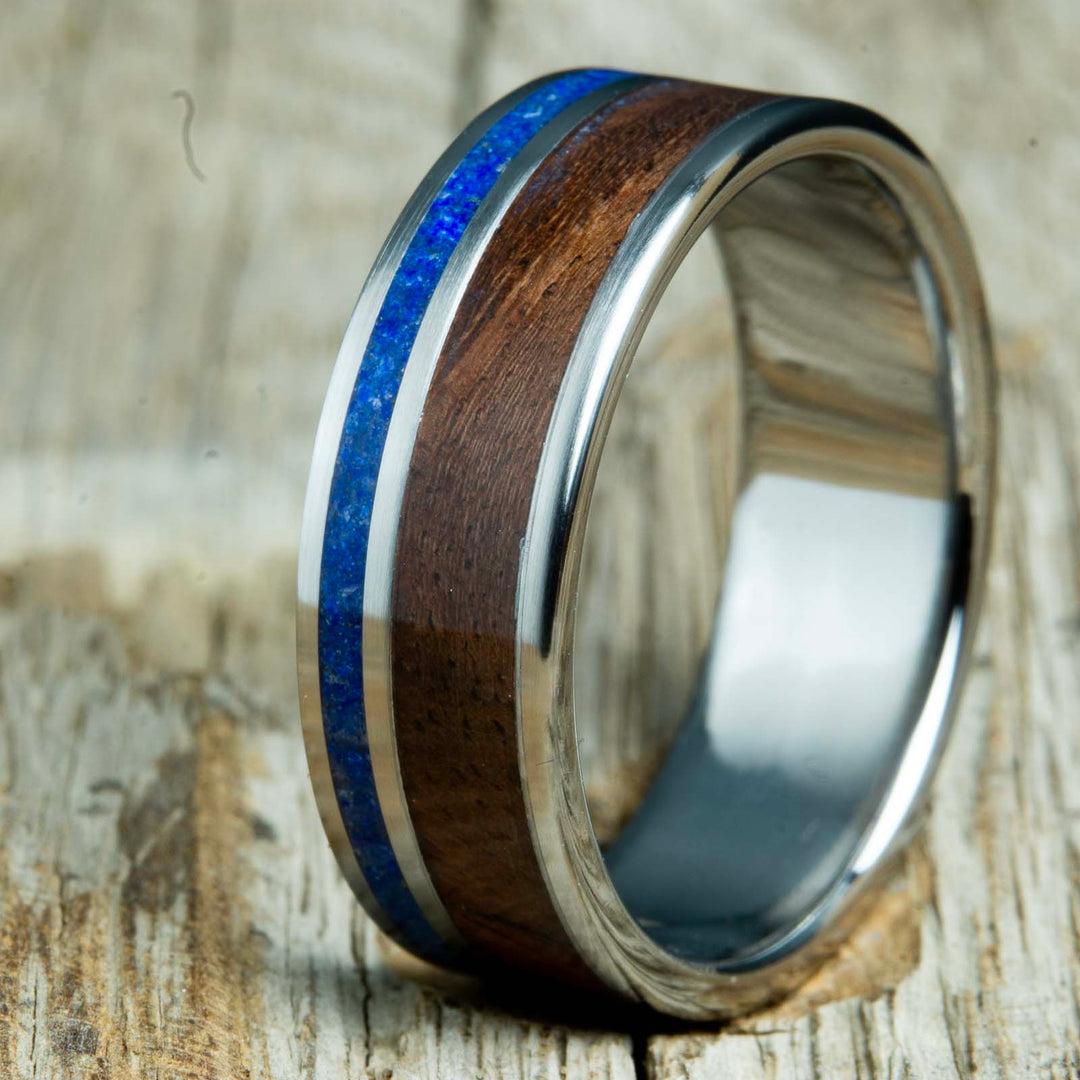Walnut wood ring with single Lapis lazuli stone inlay – Peacefield Titanium