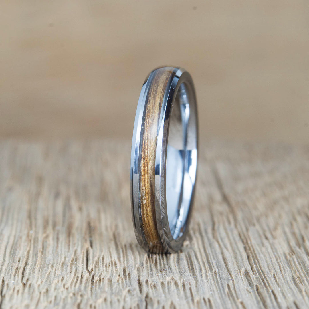 Womens whiskey barrel wood inlay tungsten ring – Peacefield Titanium