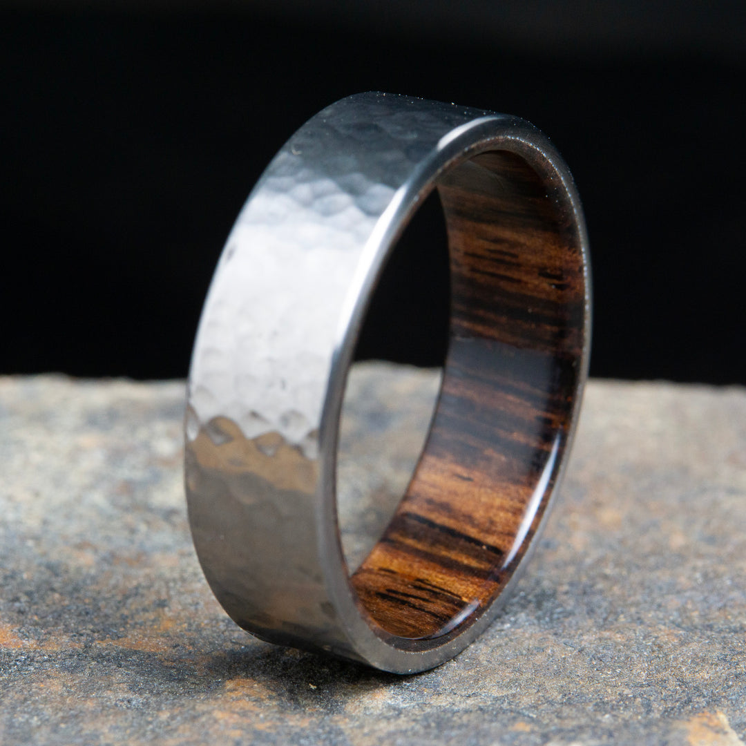 Hammered Titanium and wood wedding ring – Peacefield Titanium