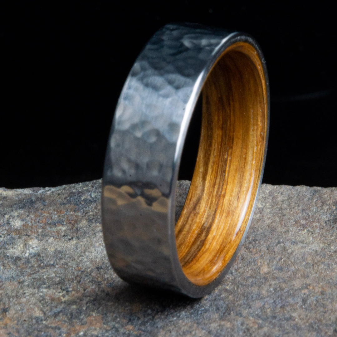 Rustic Barnwood wooden ring with Hammer textured Titanium – Peacefield ...