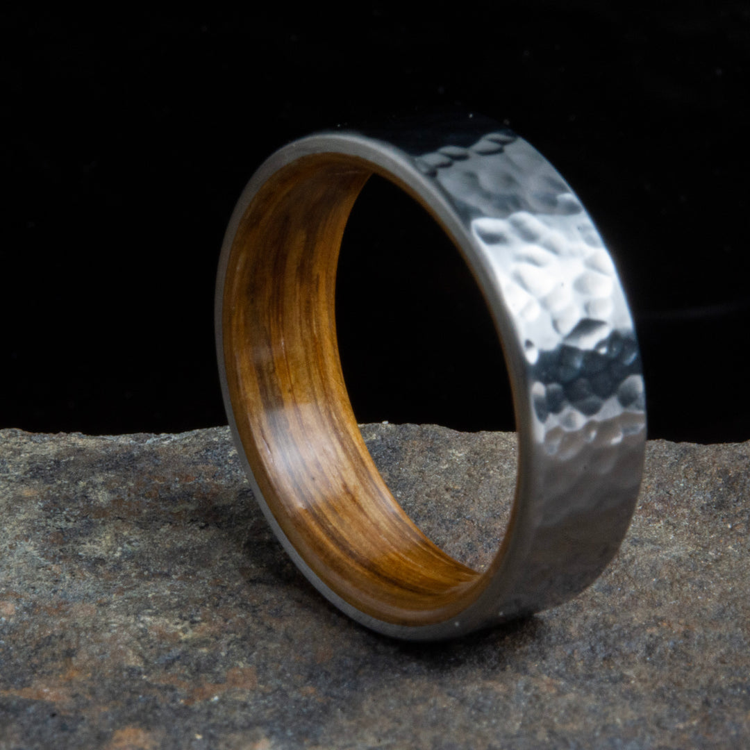 Rustic Barnwood wooden ring with Hammer textured Titanium – Peacefield ...