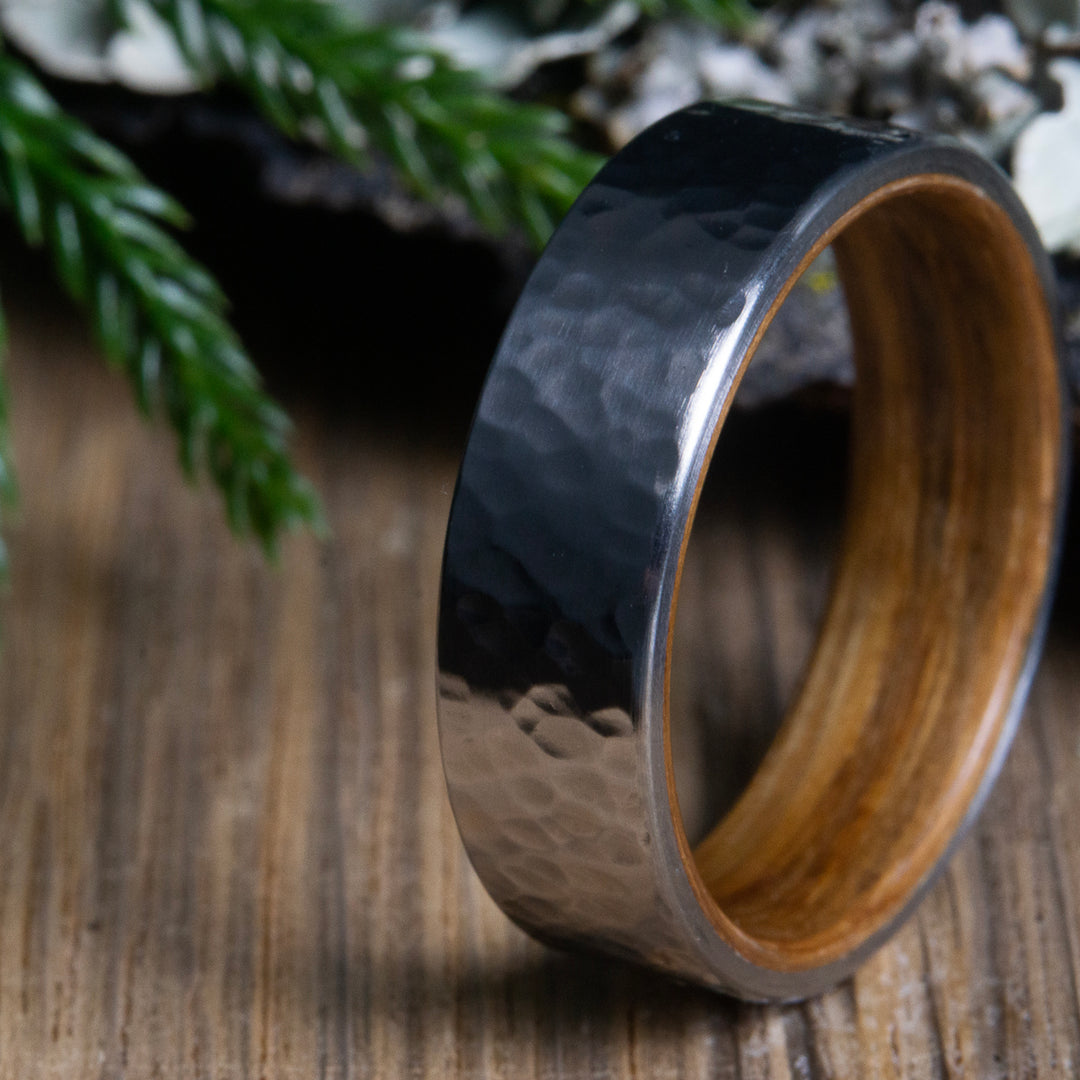 Rustic Barnwood wooden ring with Hammer textured Titanium – Peacefield ...